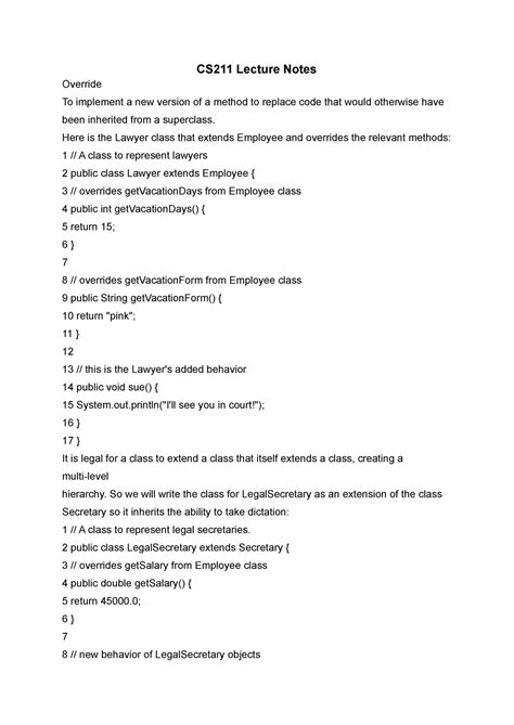CS 211 Lecture Notes Chapt 10 Pt 3 CS211 Lecture Notes Override To