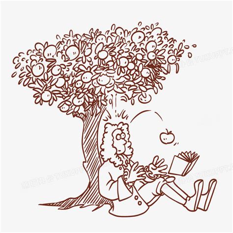 卡通手绘线稿苹果树下被砸的牛顿免抠元素PNG图片素材下载 手绘PNG 熊猫办公