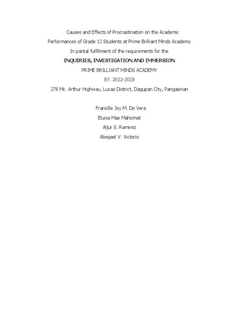 Causes And Effects Of Procrastination On The Academic Pdf Professional Skills Procrastination