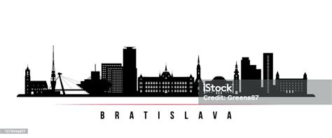 브라티슬라바 스카이 라인 수평 배너 브라티슬라바 시의 흑백 실루엣 슬로바키아 디자인에 대한 벡터 템플릿입니다 브라티슬라바에 대한