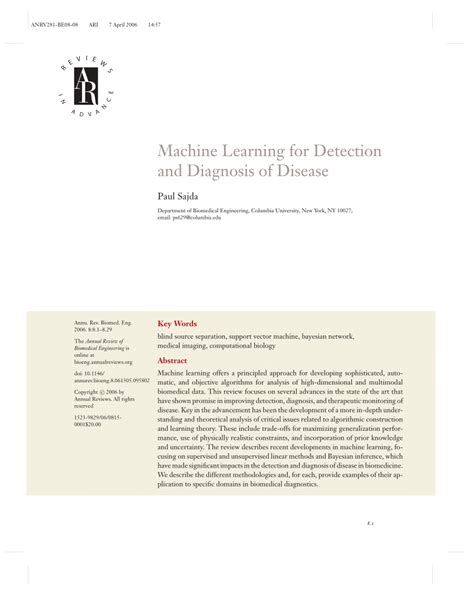 Pdf Machine Learning For Detection And Diagnosis Of Disease