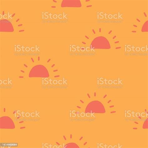 노란색 배경에 붉은 태양 이음새가 없는 패턴 플랫 벡터 일러스트레이션 광선 기호 기호 패턴이있는 태양 벡터 일러스트 레이 션 귀여운에 대한 스톡 벡터 아트 및 기타 이미지