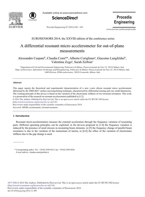 Pdf A Differential Resonant Micro Accelerometer For Out Of Plane Measurements