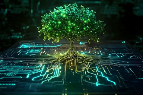 Futuristic Tree Merging Nature And Technology On Digital Circuit Board Stock Image Image Of