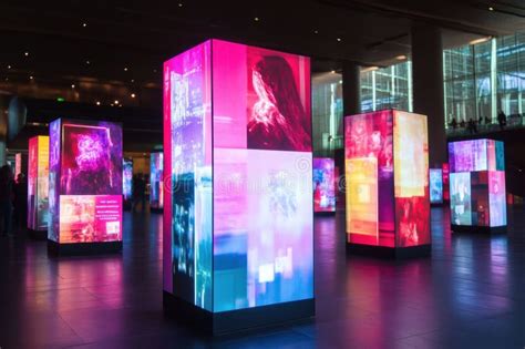 Floating Cubes Display Abstract Text And Multimedia Symbols In A Modern Exhibition Space Filled
