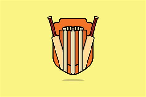 크리켓 박쥐와 개찰구 벡터 그림입니다 스포츠 개체 아이콘 개념입니다 팀 클럽 크리켓 배지 방패 벡터 디자인은 그림자가 있는 노란색 배경에 있습니다 Championship에