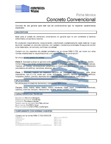 Fichas Tercnica Concreto Premezclado Ficha Técnica Concreto