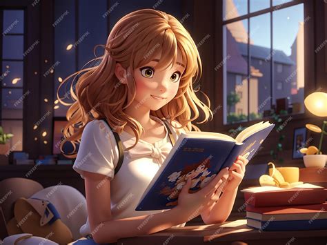 Premium Photo A 3d Anime Girl Reading A Book In A Library With Books