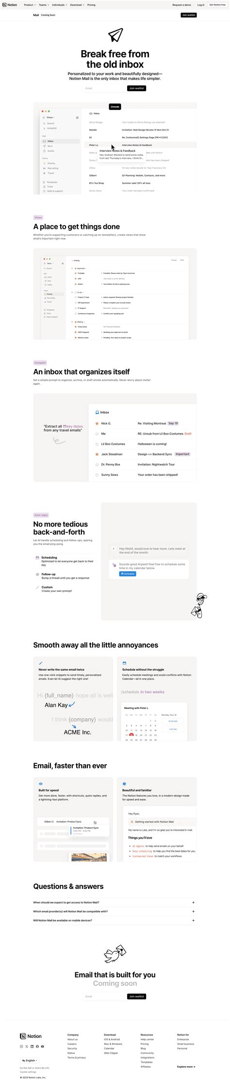 Notion Mail Page Saas Landing Page