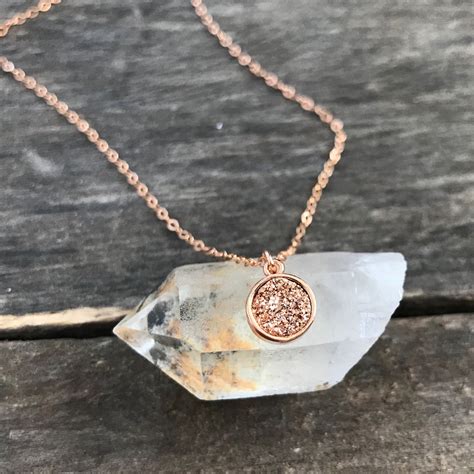 Rose Gold Druzy Necklace Minimal Layering Necklace Delicate Rose Gold