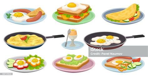 맛 있는 요리와 계란 세트 신선한 영양가 있는 아침 식사 음식 메뉴 카페 레스토랑에 대 한 디자인 요소는 흰색 바탕에 일러스트 벡터 개념에 대한 스톡 벡터 아트 및 기타