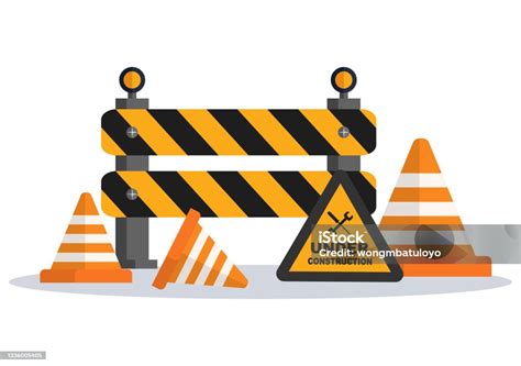 기호 작업자가 정지 또는 도로 표지판 테이프 경고 콘 사이트 장벽을 보류와 건설 배경 벡터 플랫 만화 일러스트레이션 개념에 대한 스톡 벡터 아트 및 기타 이미지 Istock