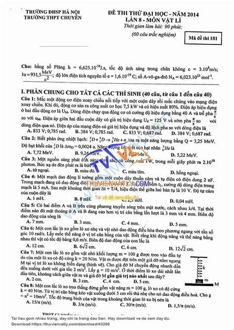 Pdf Đề Thi Thử Đh Trường Chuyên Sư Phạm Hà Nội Lần 8 Thư Viện Vật Lý