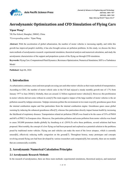 Pdf Aerodynamic Optimization And Cfd Simulation Of Flying Cars