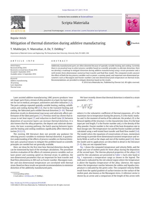Mitigation Of Thermal Distortion During Additive Manufacturing Pdf