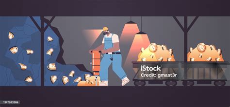 Man Miner Digging And Extracting Bitcoins In Mine Cave Mining Crypto Coins Digital