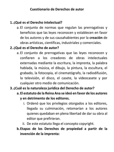 Cuestionario De Derechos De Autor Pdf Autor Propiedad