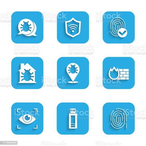 시스템 버그 Usb 플래시 드라이브 지문 방화벽 보안 벽 눈 스캔 하우스 시스템 및 아이콘을 설정합니다 벡터 Usb 케이블에