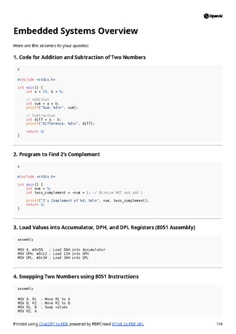 Embedded Systems Overview Code For Addition And Subtraction Of Two