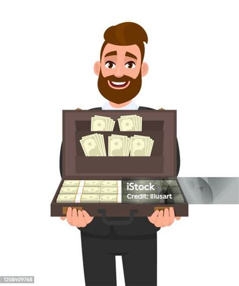 현금의 전체 서류 가방을 보여주는 트렌디 한 젊은 사업가 가방에 돈이나 화폐 지폐를 들고 있는 세련된 힙스터 사람 벡터 만화에서 비즈니스 금융 및 현대 라이프 스타일 컨셉