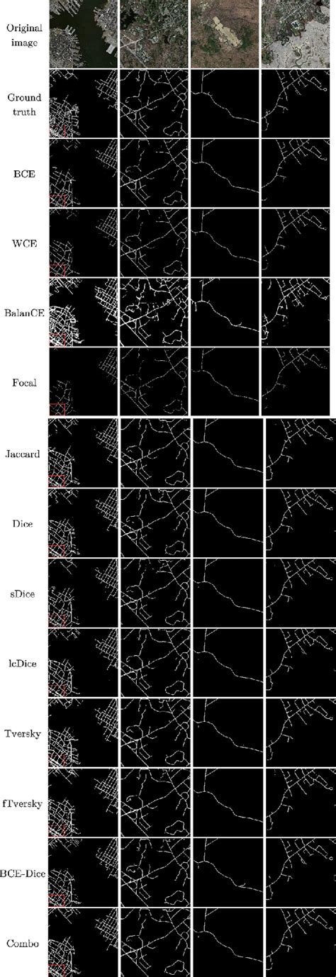 four examples of road segmentation results for the massachusetts roads