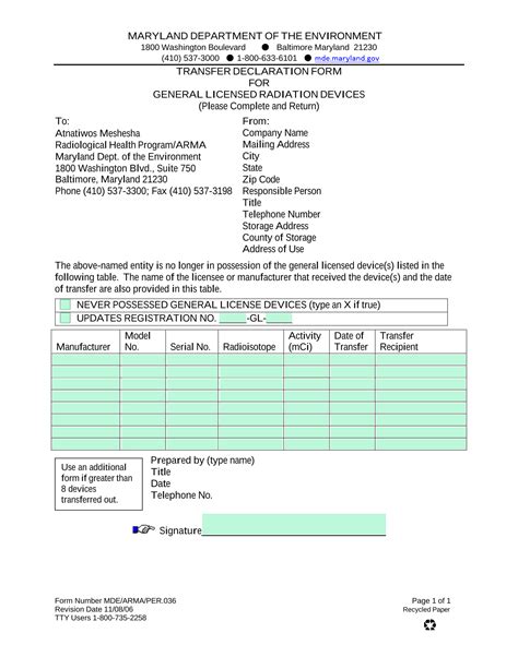 Transfer Declaration Form For General Licensed Radiation Devices