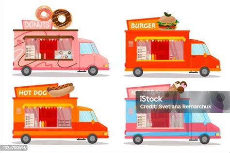 세트와 길거리 음식 밴의 다른 유형 아이스크림 핫도그 햄버거 도넛을 곁들인 자동차 흰색 배경에서 격리된 벡터 그림입니다 광고