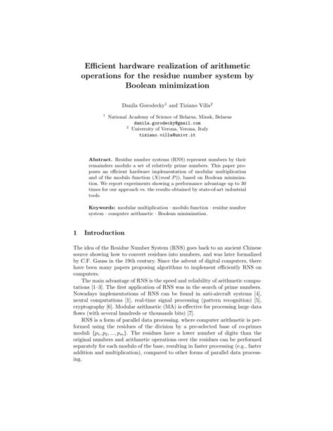 Pdf Efficient Hardware Realization Of Arithmetic Operations For The Residue Number System By