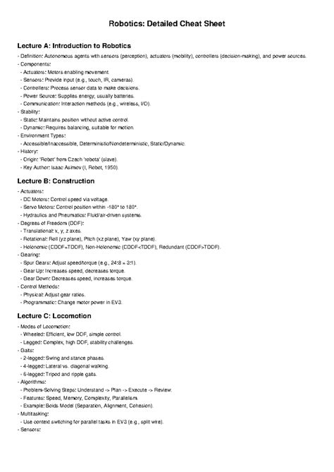 Detailed Robotics Cheat Sheet Robotics Detailed Cheat Sheet Lecture A Introduction To