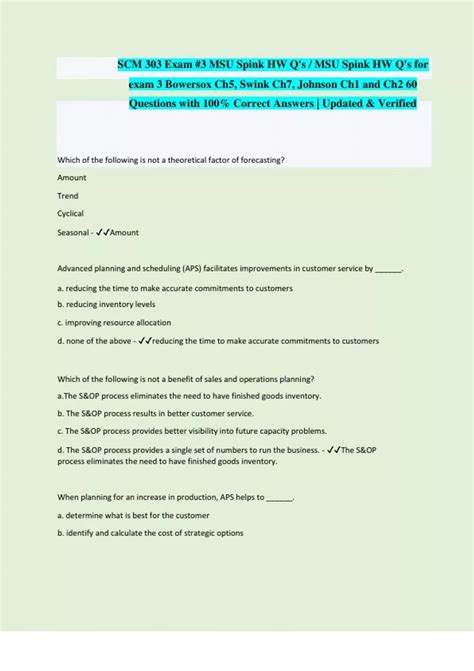 SCM Exam MSU Spink HW Q S MSU Spink HW Q S For Exam Bowersox Ch Swink Ch Johnson