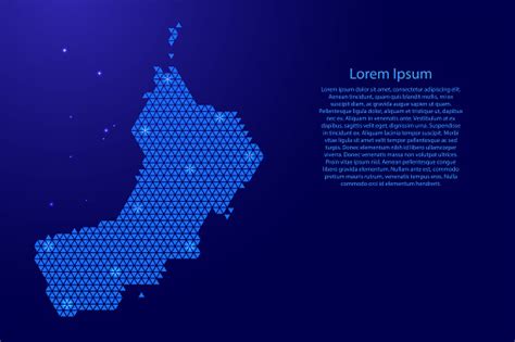 오만 지도 배너 포스터 인사말 카드 노드와 공간 별 패턴 기하학적 배경을 반복 하는 파란색 삼각형에서 추상적 인 회로도 벡터