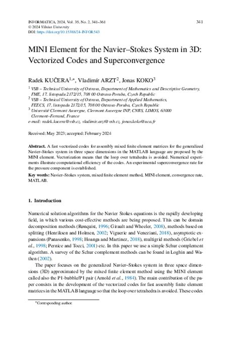 Pdf Mini Element For The Navierstokes System In 3d Vectorized Codes And Superconvergence