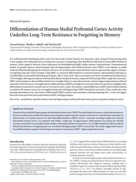 Pdf Differentiation Of Human Medial Prefrontal Cortex Activity Underlies Long Term Resistance