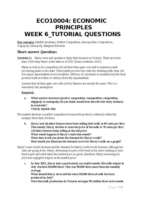 Week 6 Tutorial Questions Eco10004 Economic Principles Week 6tutorial Questions Key Concepts