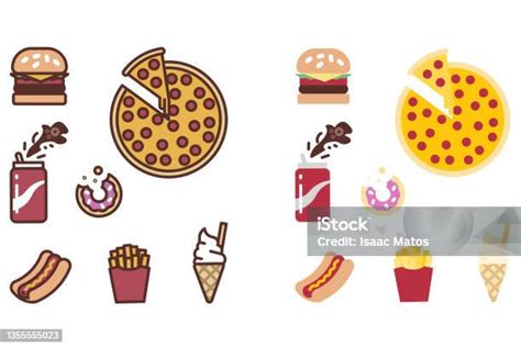 정크 푸드 다채로운 패스트 푸드 아이콘 세트 햄버거 피자 소다 도넛 핫도그 감자 튀김과 아이스크림 아웃ines의 유무에 관계없이 Eps 10 와인에 대한 스톡 벡터 아트 및