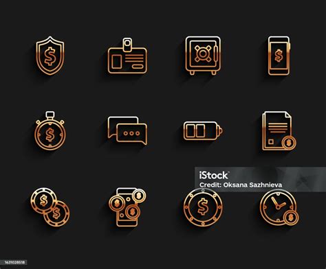 달러 기호 스마트 폰 방패 시간은 말풍선 채팅 금융 문서 및 배터리 충전 수준 표시기 아이콘으로 동전 화폐를 설정합니다 벡터 Brand Name Online