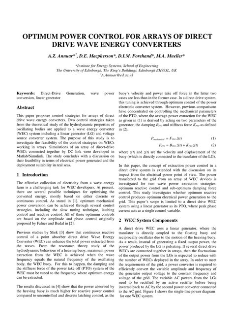 Pdf Optimum Power Control For Arrays Of Direct Drive Wave Energy Converters