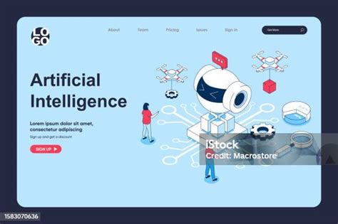 랜딩 페이지 템플릿을 위한 3d 아이소메트릭 디자인의 인공 지능 개념입니다 Ai 로봇 기계 학습 회로 기술 생성 및 프로그래밍을 하는 사람들 웹용 벡터 그림 3차원 형태에