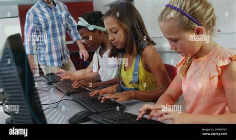 Image Of Data Processing Over Caucasian Male Teacher With Diverse