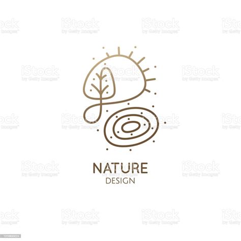 자연 요소의 벡터 심플한 장식 엠블럼 나무 태양 강풍경의 선형 아이콘 비즈니스 엠블럼 여행 농업 및 생태 개념 건강 및 요가 센터에 대한 배지 개념에 대한 스톡 벡터 아트
