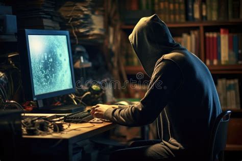 Hooded Hacker Stealing Information From A Computer In A Dark Room A Faceless Hacker Attempting