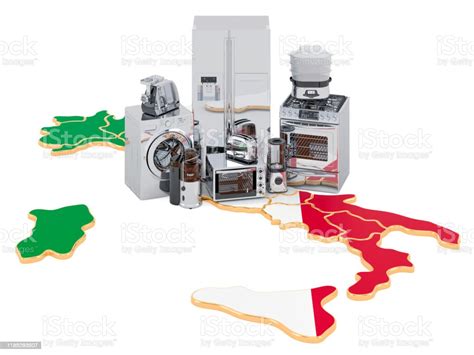 이탈리아지도에 부엌과 가전 제품 생산 쇼핑 및 배달 개념 흰색 배경에서 격리된 3d 렌더링 3차원 형태에 대한 스톡 사진 및 기타 이미지 Istock