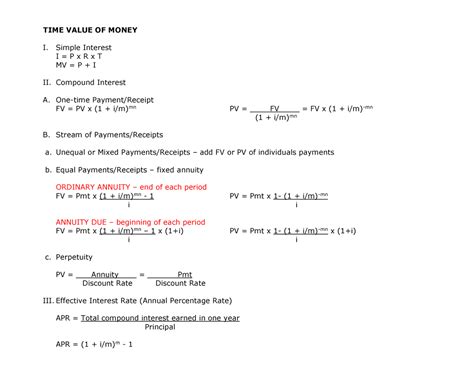 Time Value Of Money Formulas Time Value Of Money I Simple Interesti P X R X T Mv P I Ii