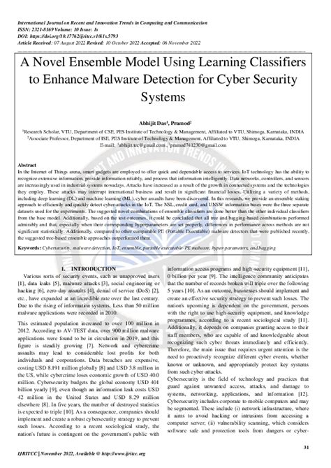 Pdf A Novel Ensemble Model Using Learning Classifiers To Enhance Malware Detection For Cyber