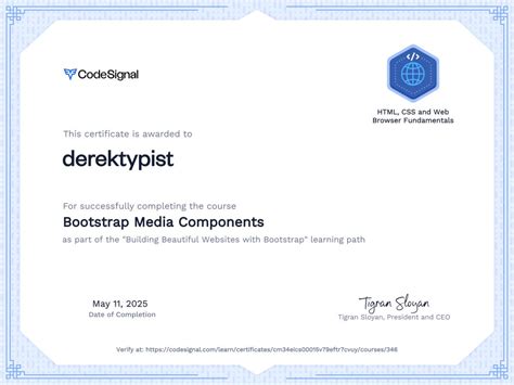 Course Certificate For Bootstrap Media Components Derek Dhammaloka