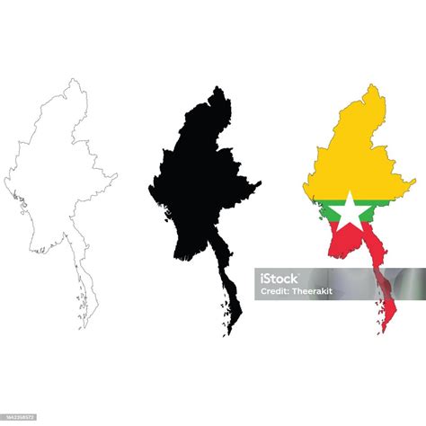 미얀마 지도 국기 지도 미얀마 간판의 개략 지도 미얀마 지도 아이콘입니다 플랫 스타일 0명에 대한 스톡 벡터 아트 및 기타