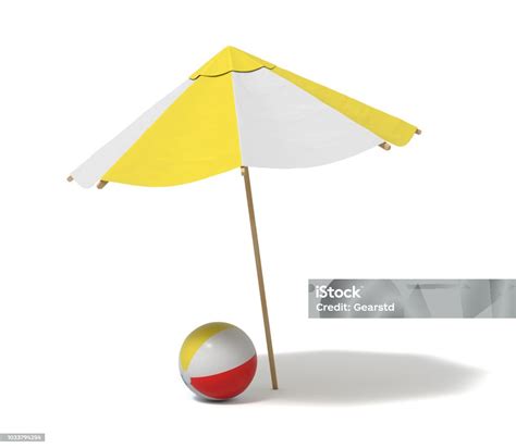 흰색과 노란색 비치 파라솔 및 비정상적된 비치 볼의 3d 렌더링 양산에 대한 스톡 사진 및 기타 이미지 양산 차일 우산 Istock