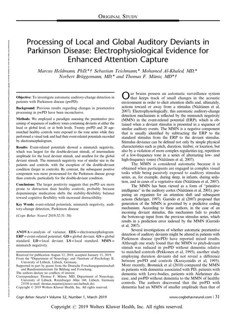 Pdf Processing Of Local And Global Auditory Deviants In Parkinson Disease