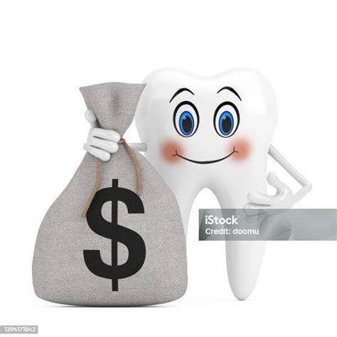 하얀 치아 사람 캐릭터 마스코트와 묶인 소박한 캔버스 린넨 머니 자루 또는 달러 기호가있는 돈 가방 3d 렌더링 가방에 대한 스톡 사진 및 기타 이미지 Istock