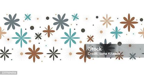 청록색 갈색 및 회색 톤의 세기 중반 현대 별 폭발 및 추상적 인 꽃 모양이있는 완벽한 복고풍 꽃 패턴 벡터 일러스트 레이 션 1950 1959 년에 대한 스톡 벡터 아트